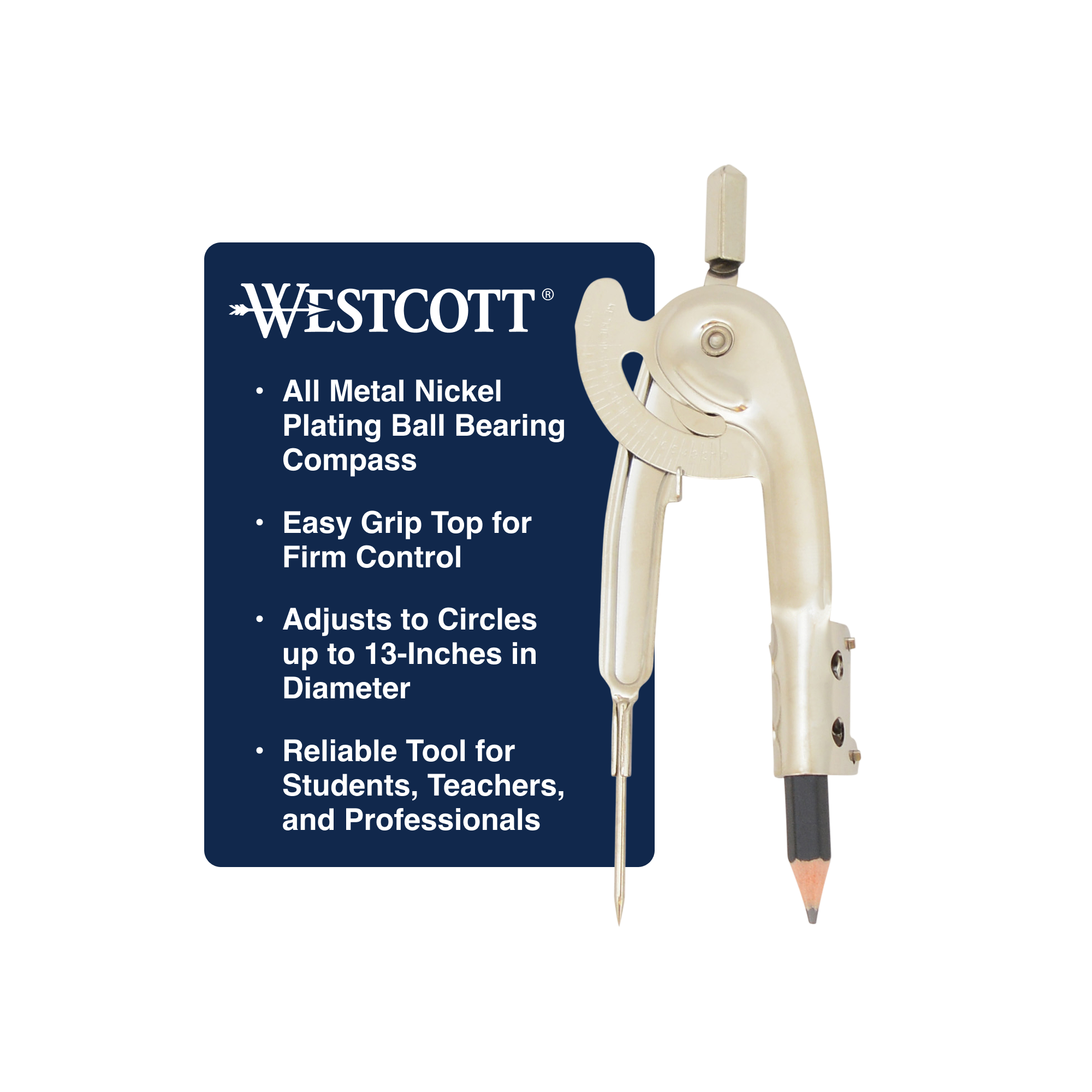 Westcott Metal Ball Bearing Compass with Pencil, Nickel Plated (12201 ...